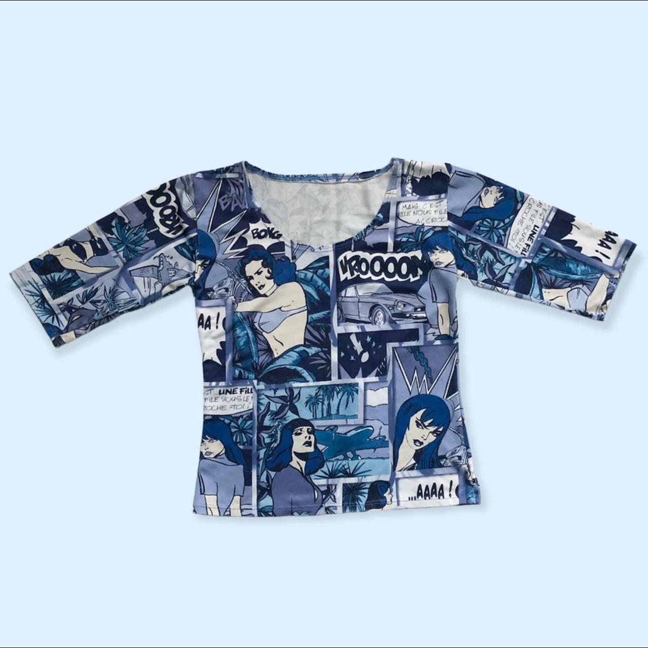 Amazing blue comic strip top Cool cartoon graphic... - Depop