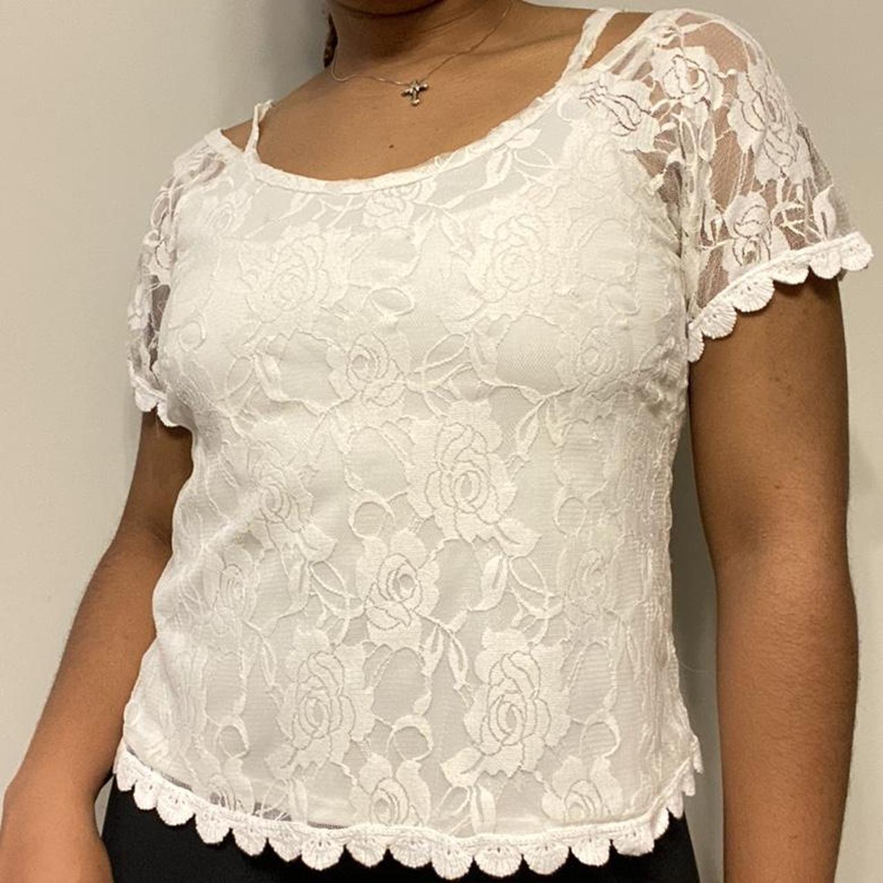 White floral lace criss cross blouse Perfect for a... - Depop