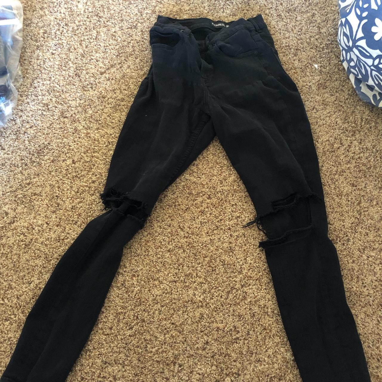 high rise black skinny knee ripped jeans by express... - Depop