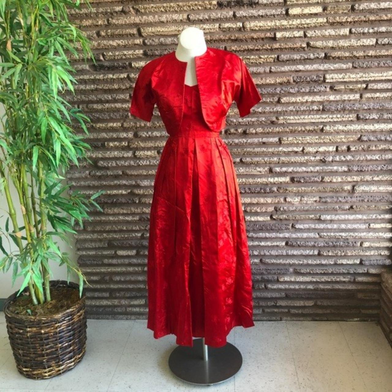 Stunning vintage 60s red satin brocade fit and flare... - Depop