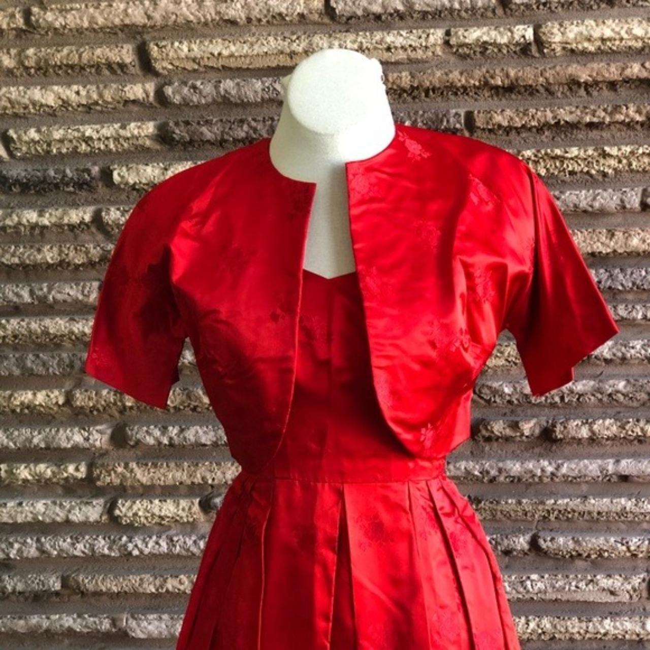 Stunning vintage 60s red satin brocade fit and flare... - Depop