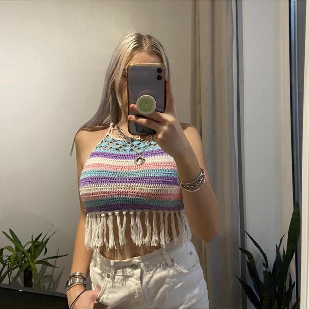 Pastel crochet backless crop top with tassel detail.... - Depop