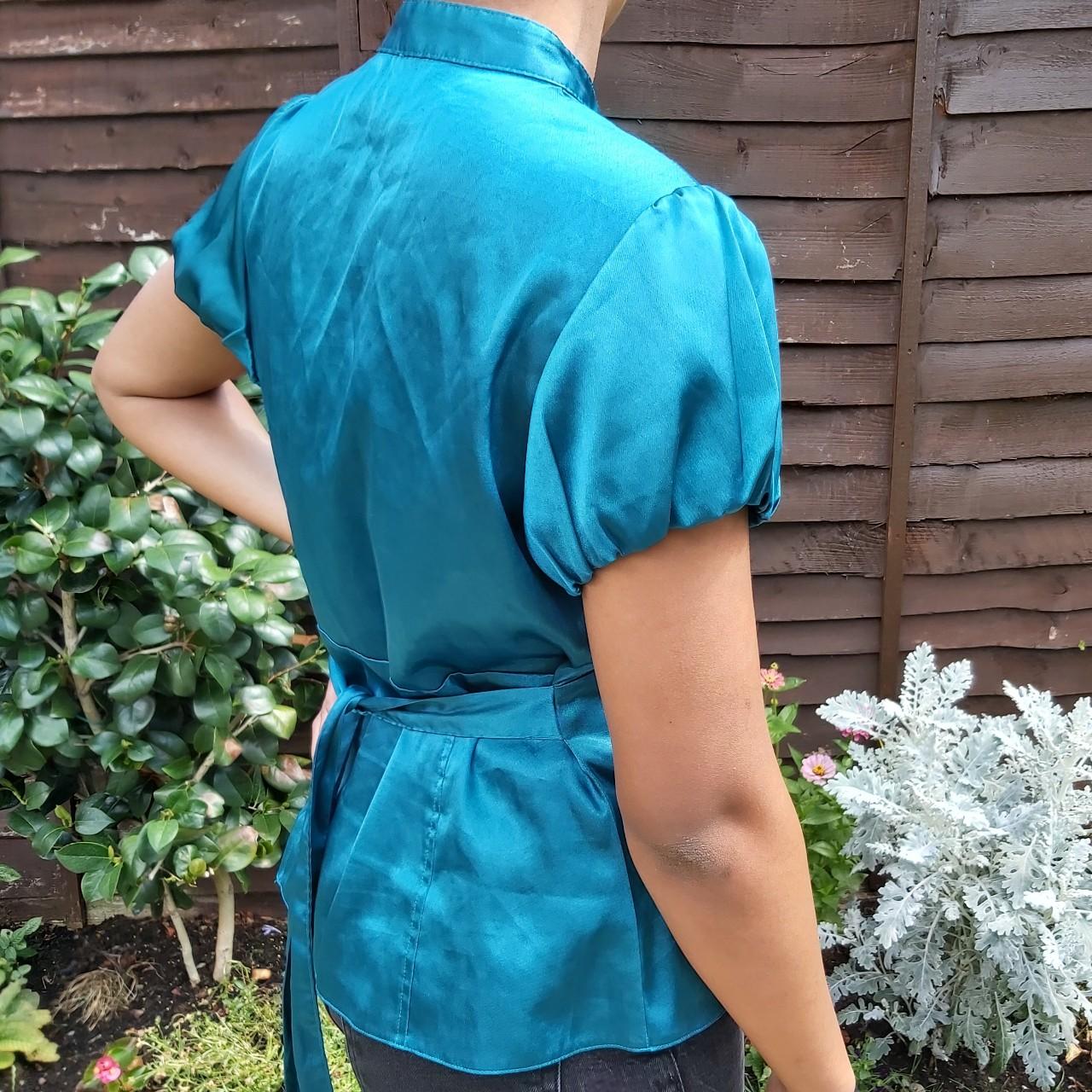 Short sleeve teal top Satin material with tie up... - Depop