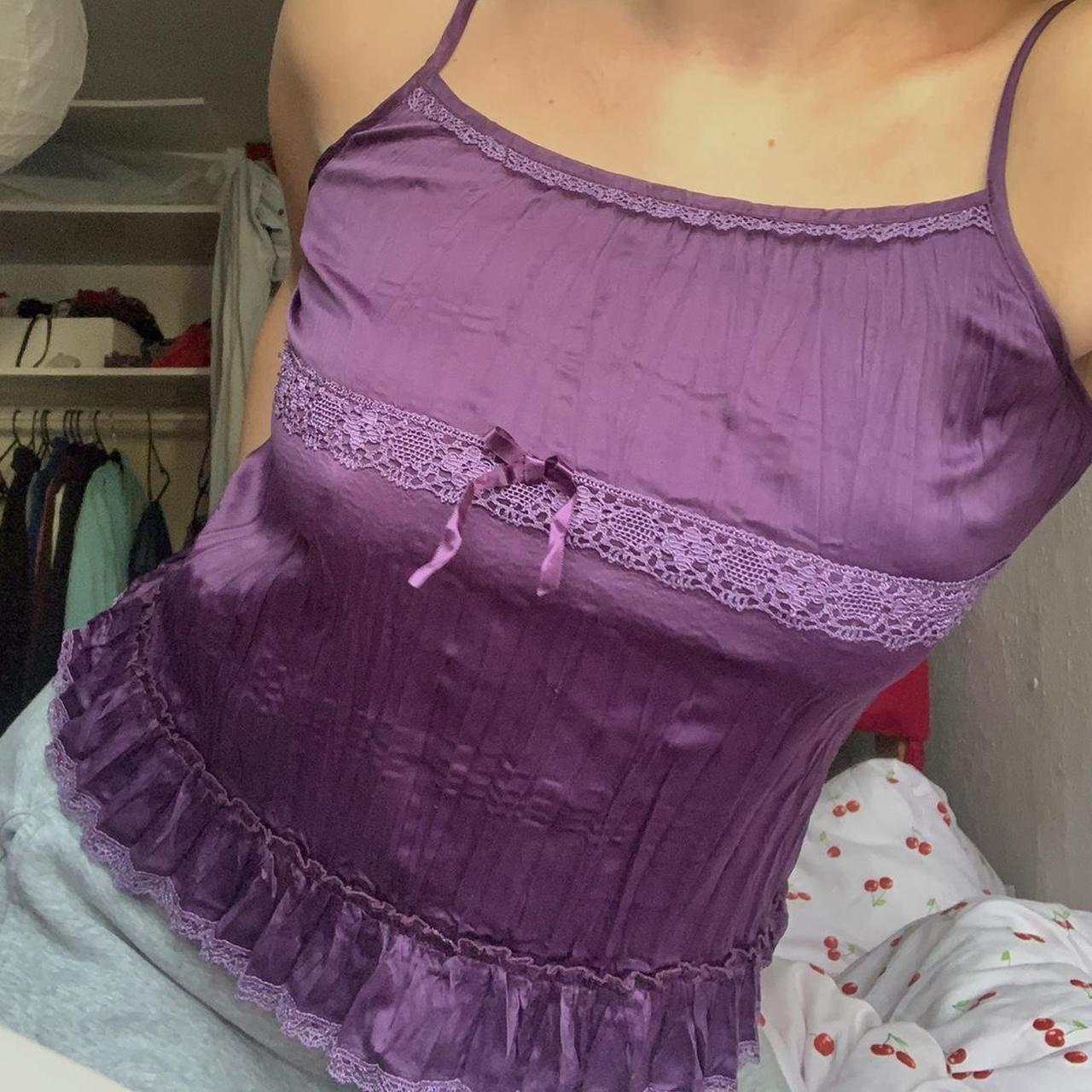 vintage purple satin cami with a lace trim shown on... - Depop