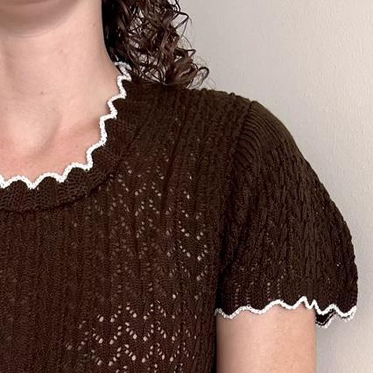 Vintage 70s brown knit top with zig zag trim at... - Depop