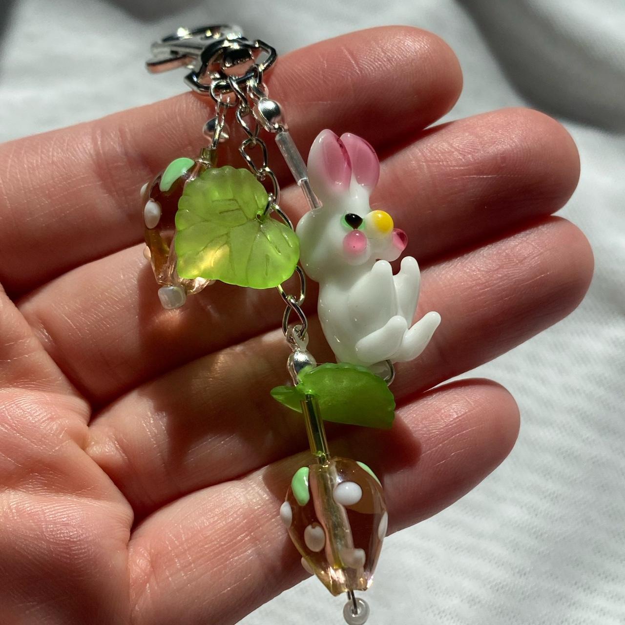 cute bunny & pink strawberries keychain 🍓 made with... - Depop