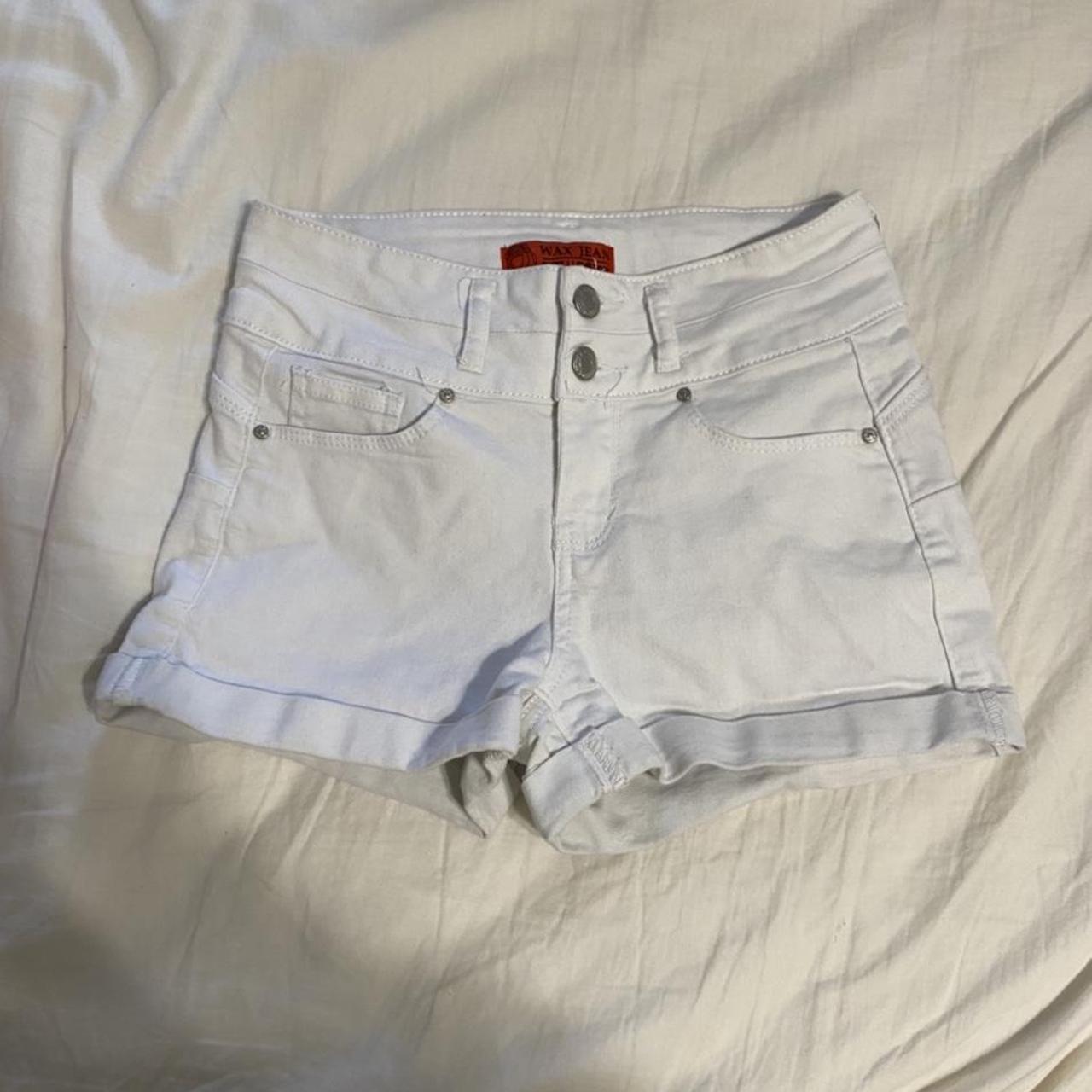 white denim shorts stretchy jegging material size... - Depop