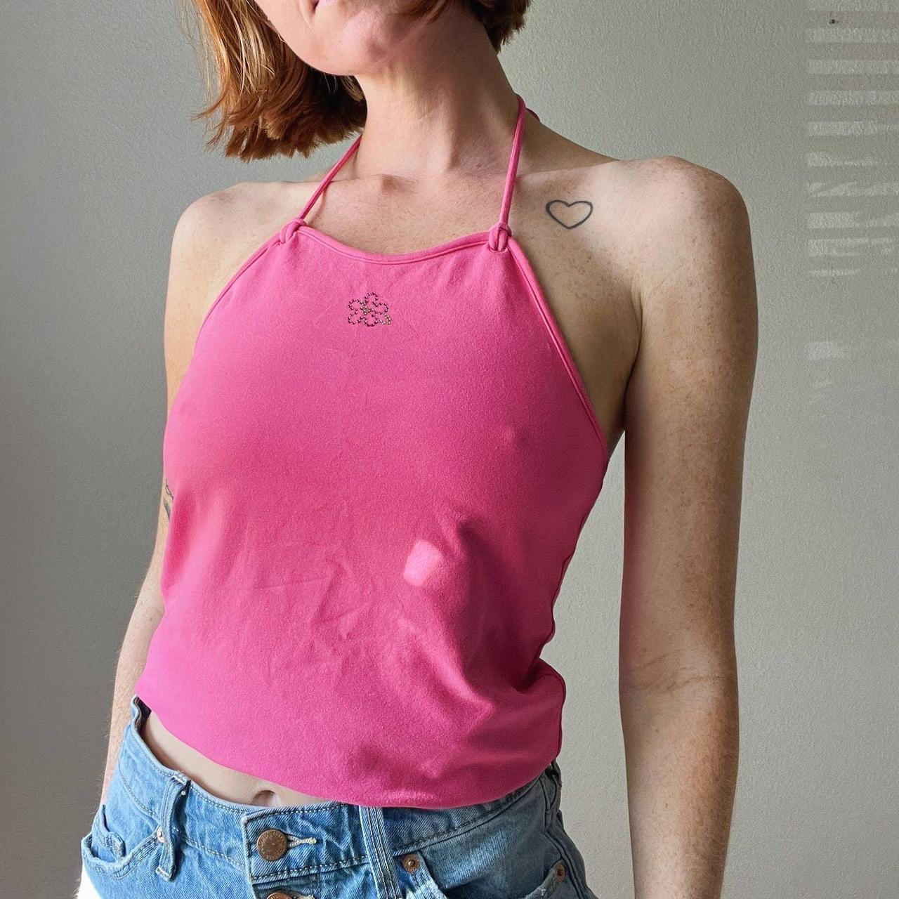 Y2K Style Pink Stretch Halter Square Neck Top w/... - Depop