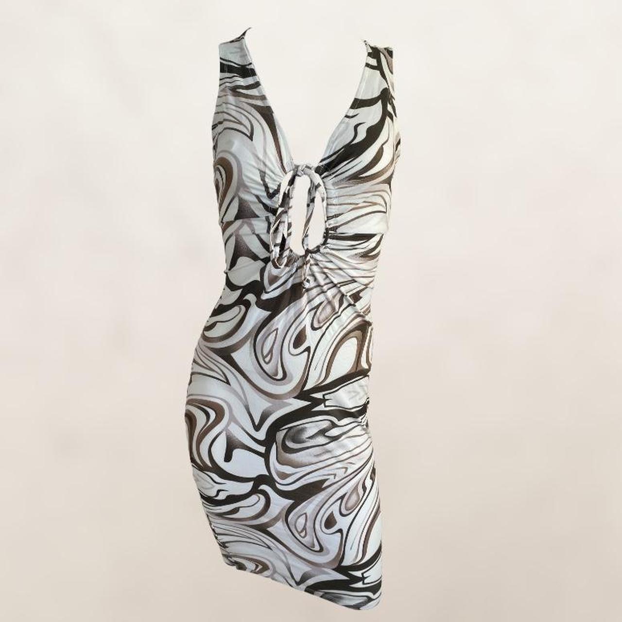 Hypnotic Lines Brown & Cream Midi Dress - Depop