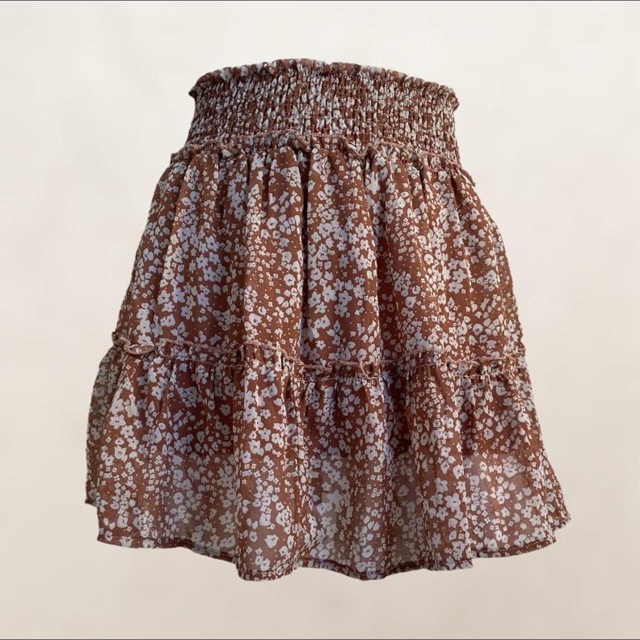 Boutique Brown Floral Mini Ruffle Skirt - Depop