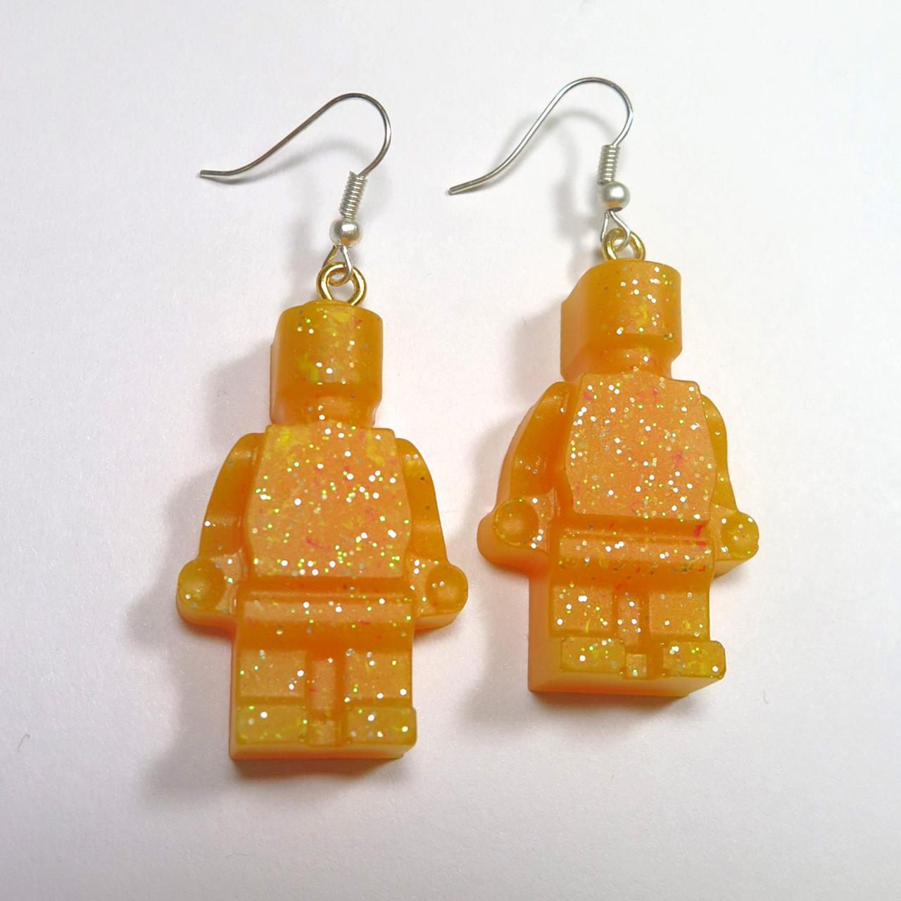 Handmade Orange Glitter Lego earrings... - Depop