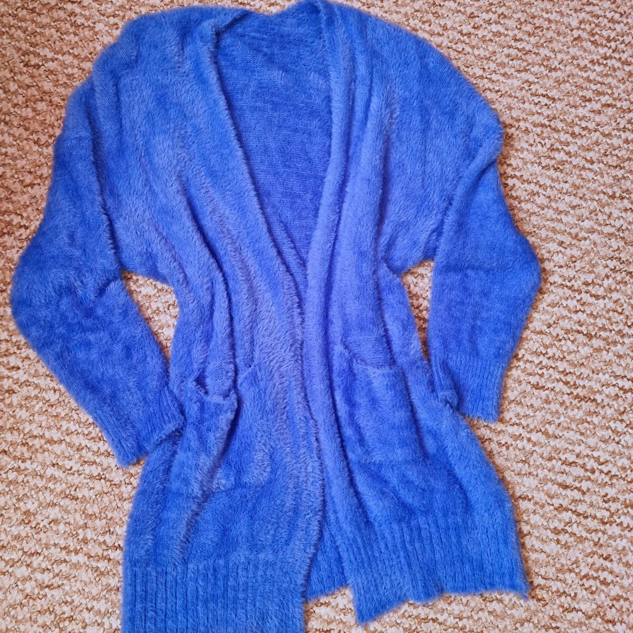 Fuzzy, fluffy knit dual pocket blue cardigan, one... - Depop