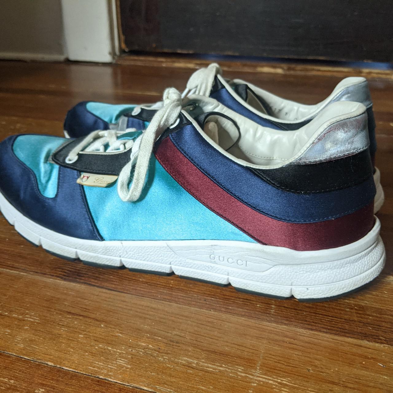 Gucci authentic web runner sneakers Satin aqua, red,... - Depop