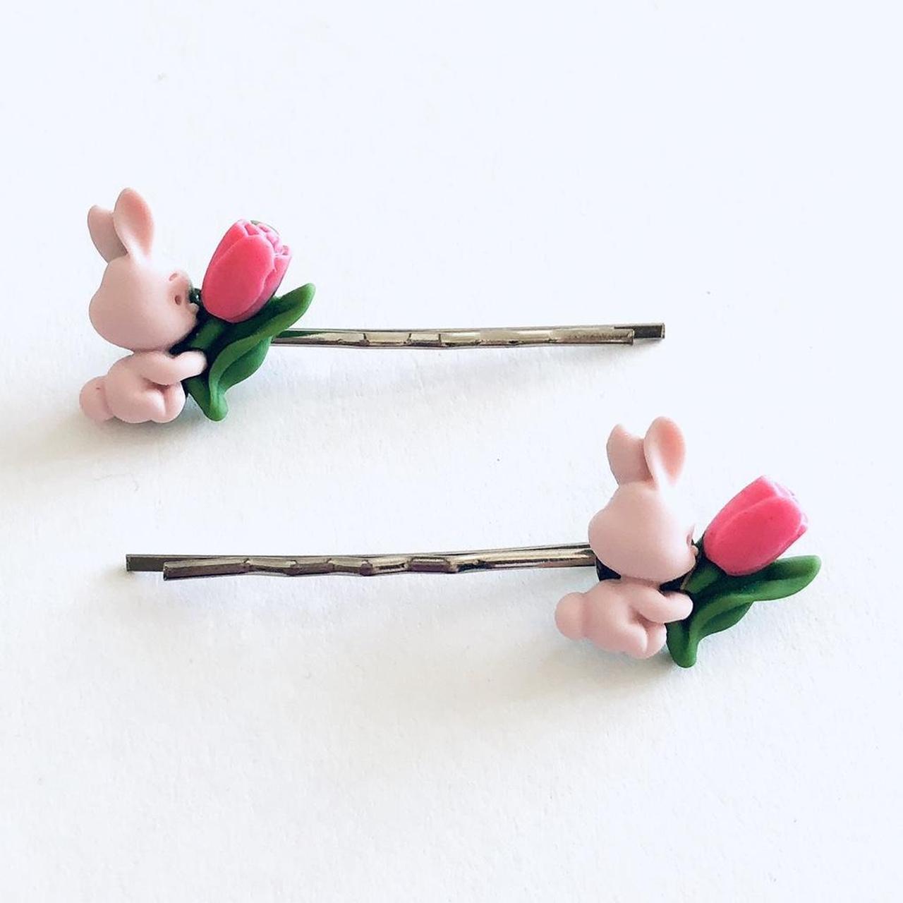 Pink bunny rabbit bobby pins, kawaii rabbits with... - Depop