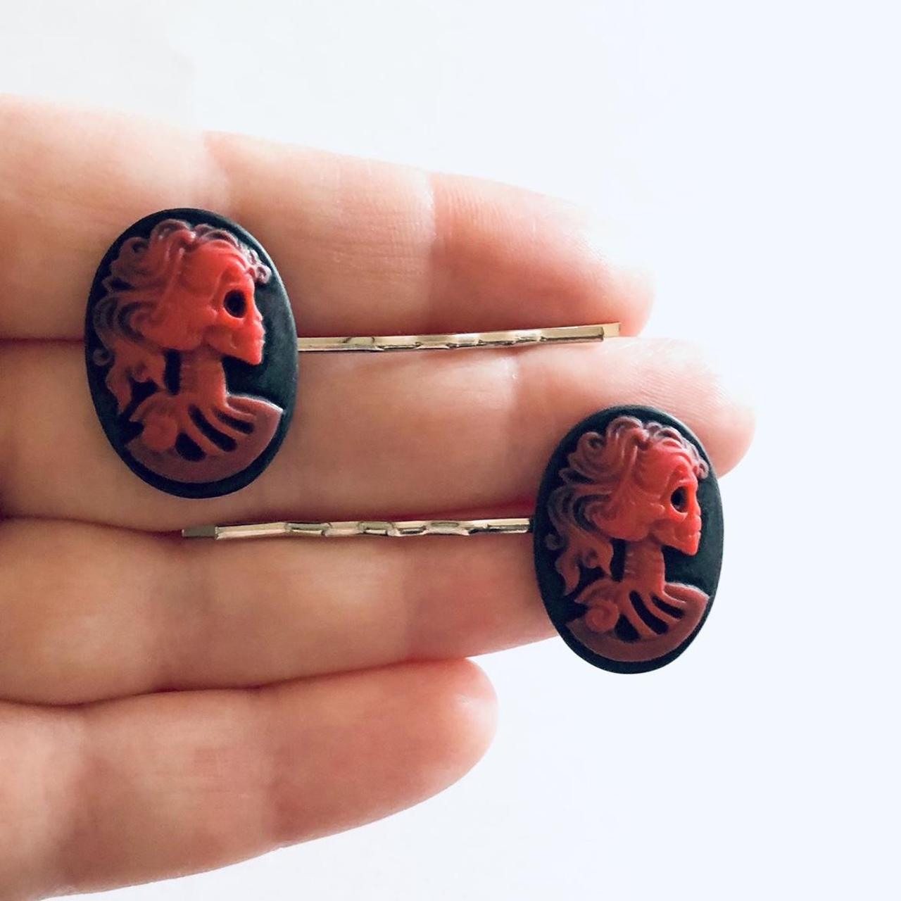 Black & blood red skeleton lady bobby pins, skull... - Depop