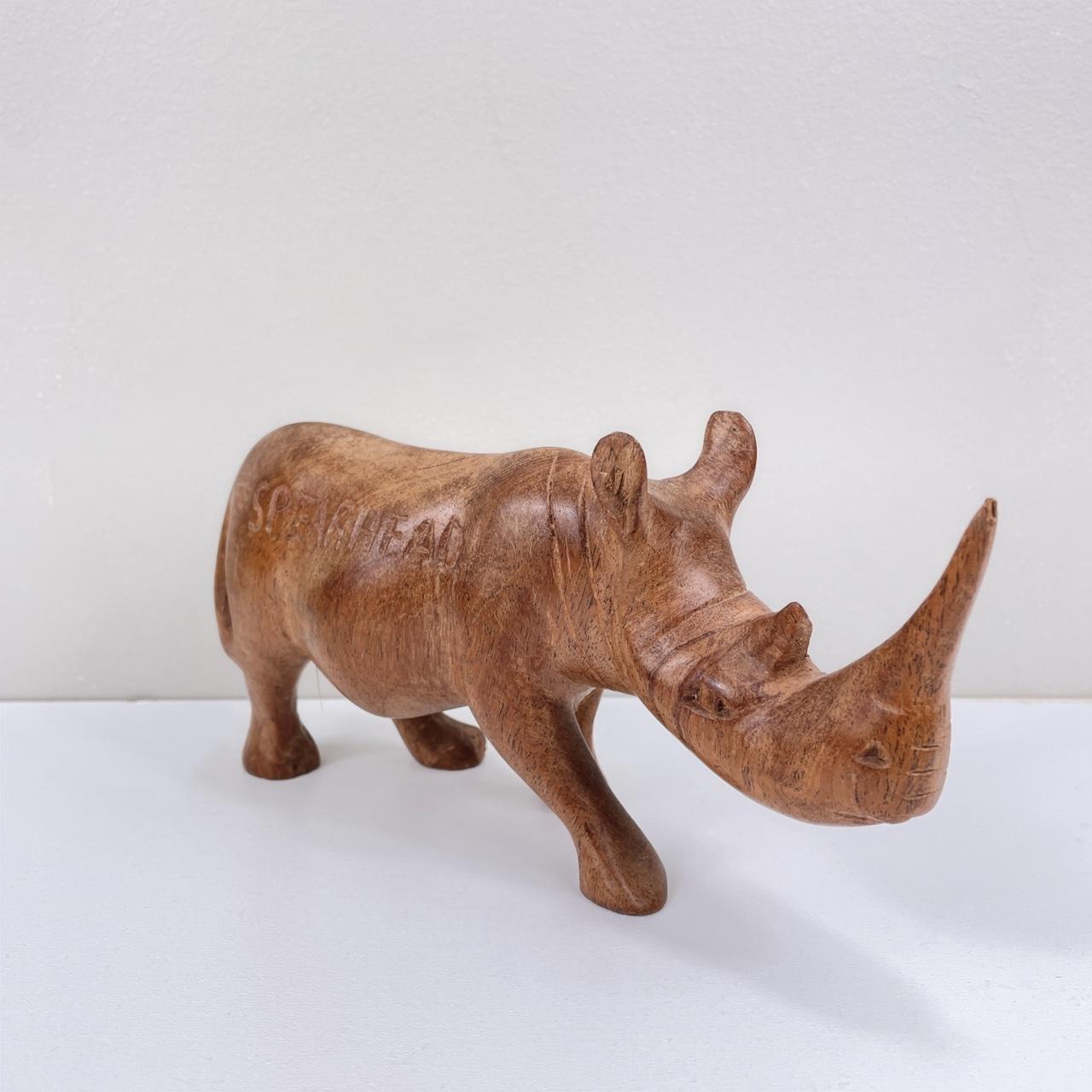 Vintage Hand Carved Wood Rhino Sculpture Statue I... - Depop