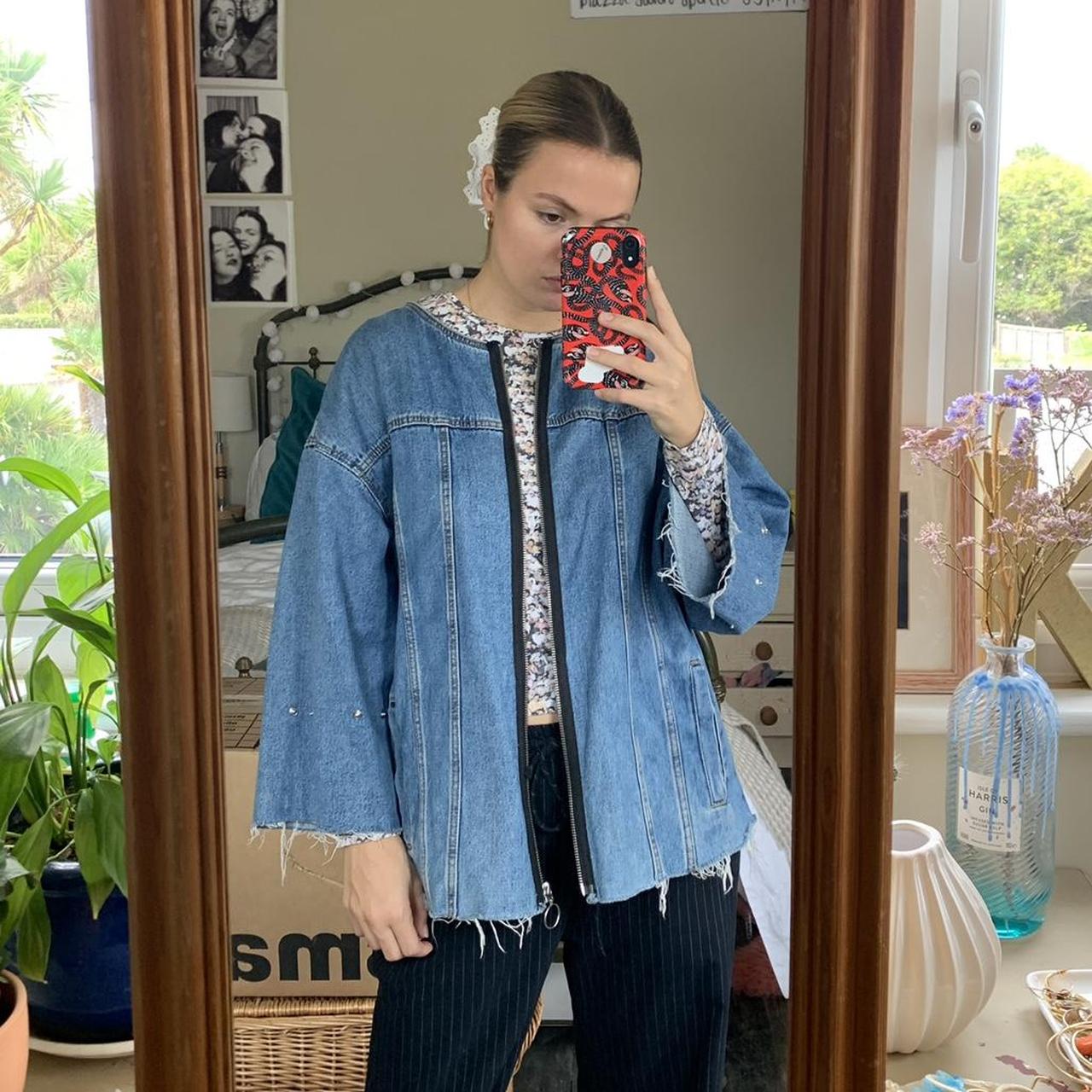 Denim frayed jacket Medium Has orange fur... - Depop