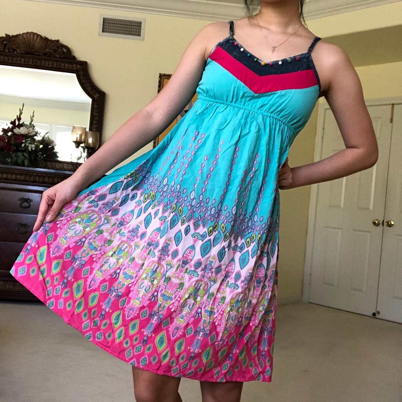 VINTAGE DENIM COLORBLOCK SUN DRESS🍒 flowy,... - Depop