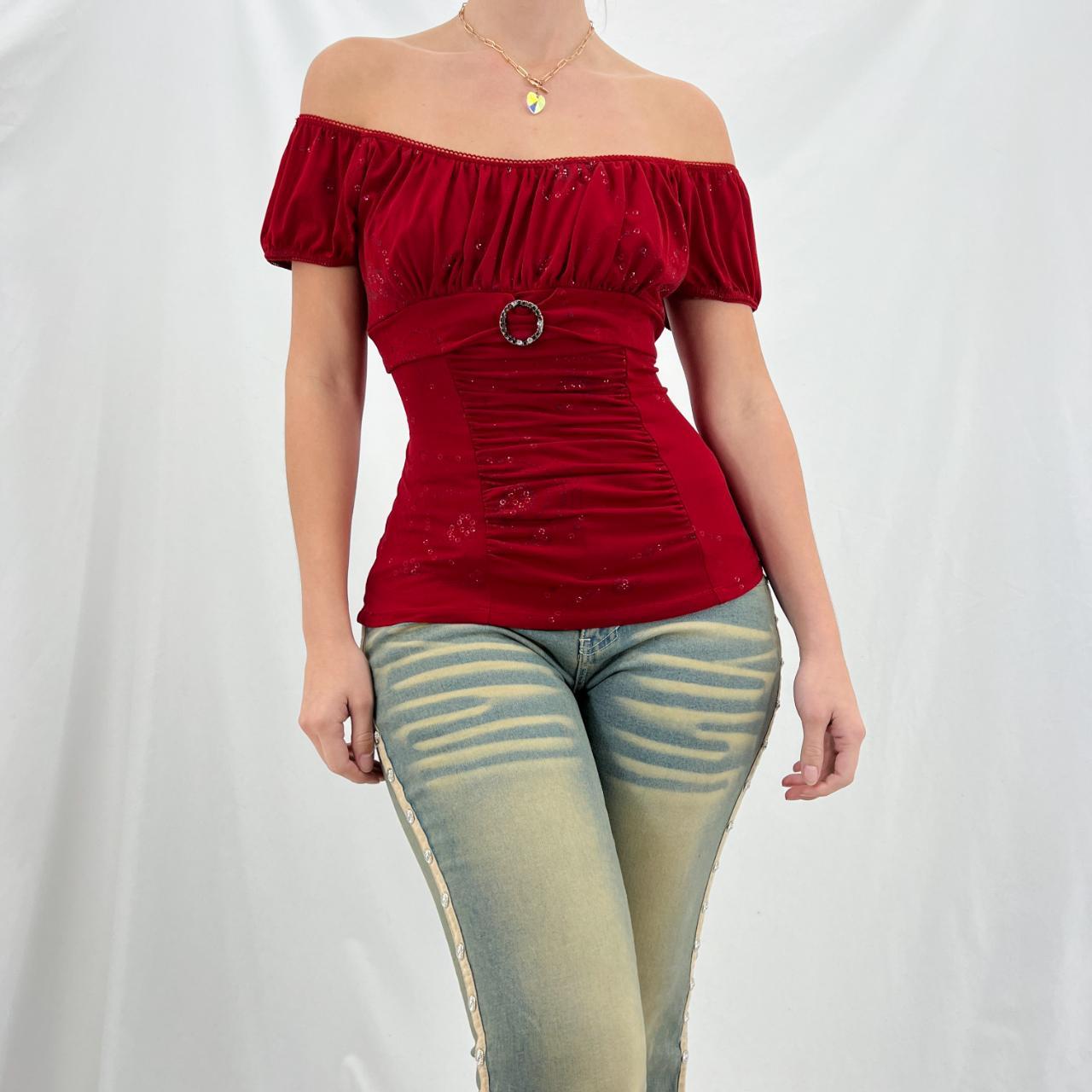 [#5379] Y2k Red Top w/ Glitter Details + Black... - Depop