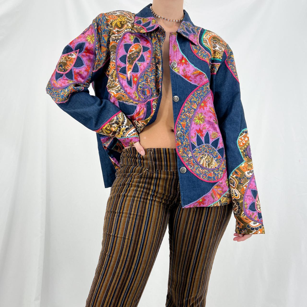 [#5484] Y2k Denim Jacket w/ Multi-Color Floral... - Depop