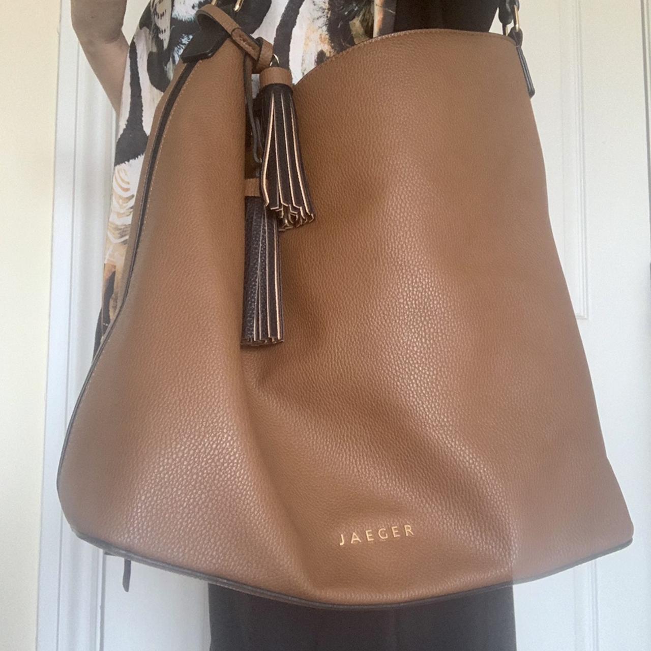 Brown leather JAEGER handbag with black straps.... - Depop