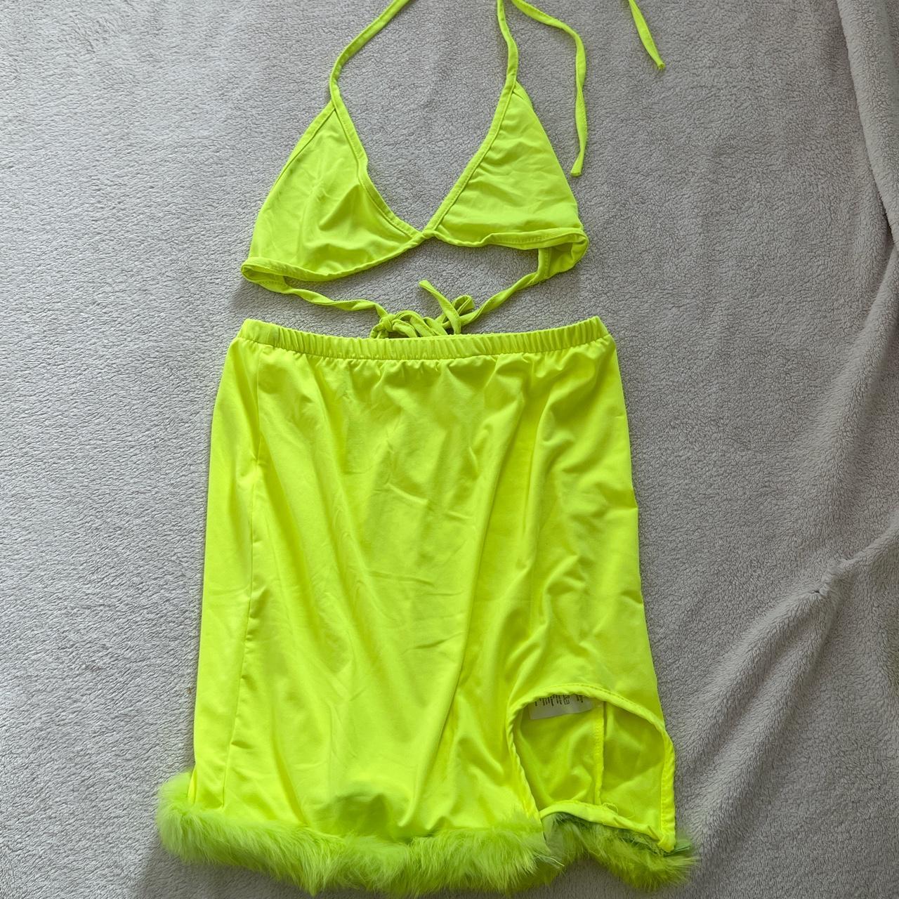 Neon Yellow Rave Co Ord skirt with fluffy trim... - Depop