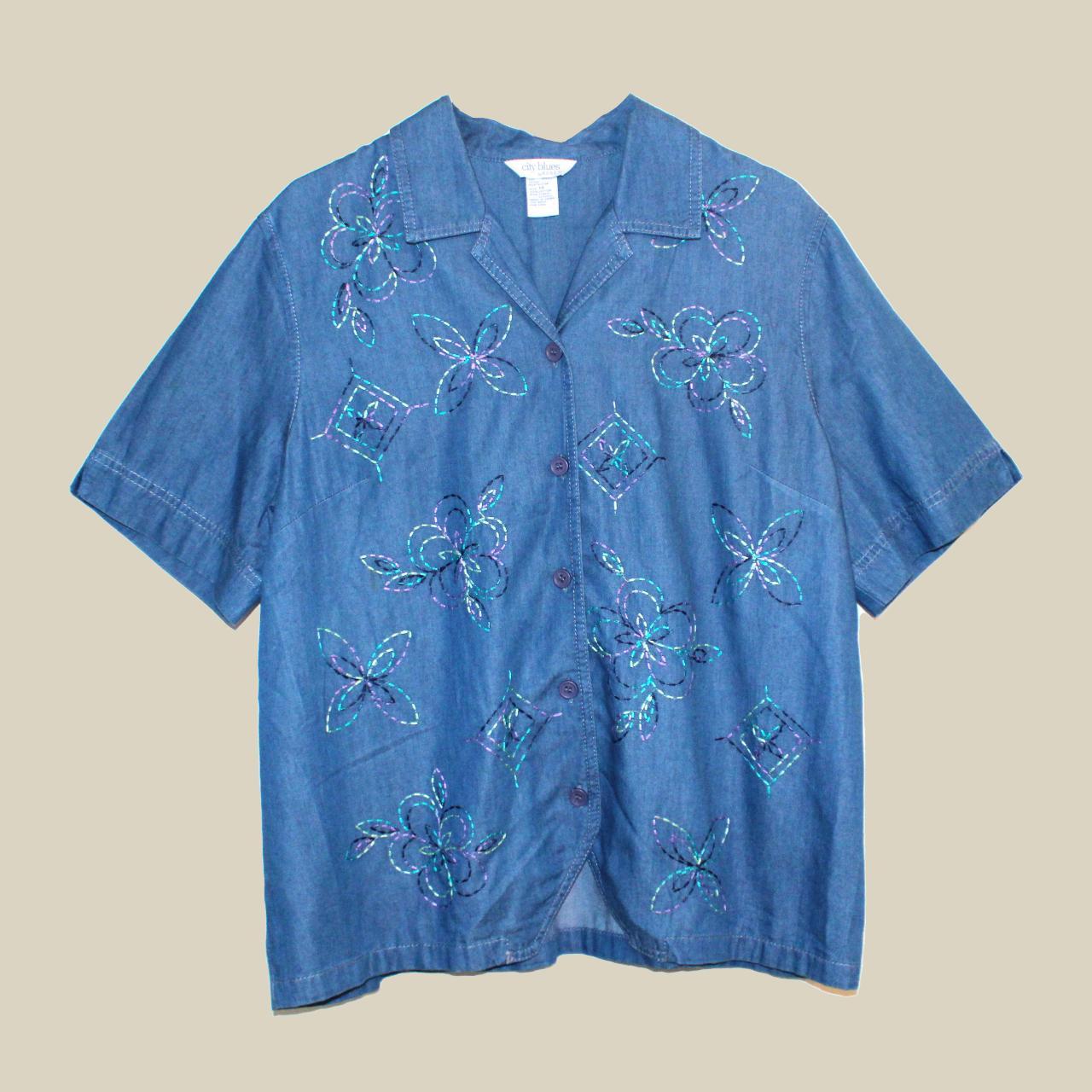 Vintage 80s denim button up shirt with floral & star... - Depop