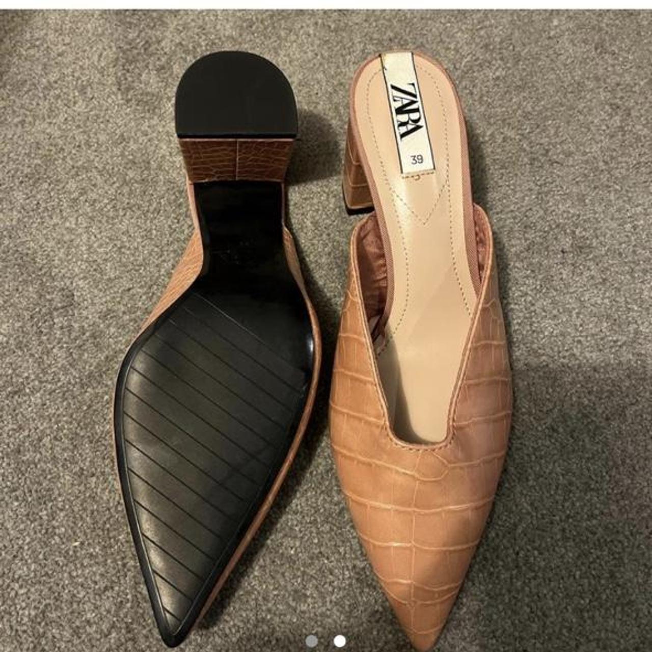 Pink Faux Snake skin Zara mules with mid heel.... - Depop