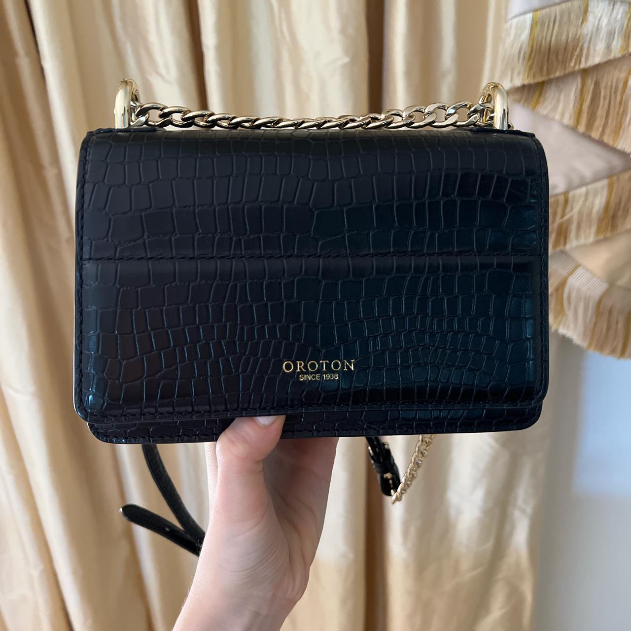 OROTON // Black croc embossed leather handbag with... - Depop