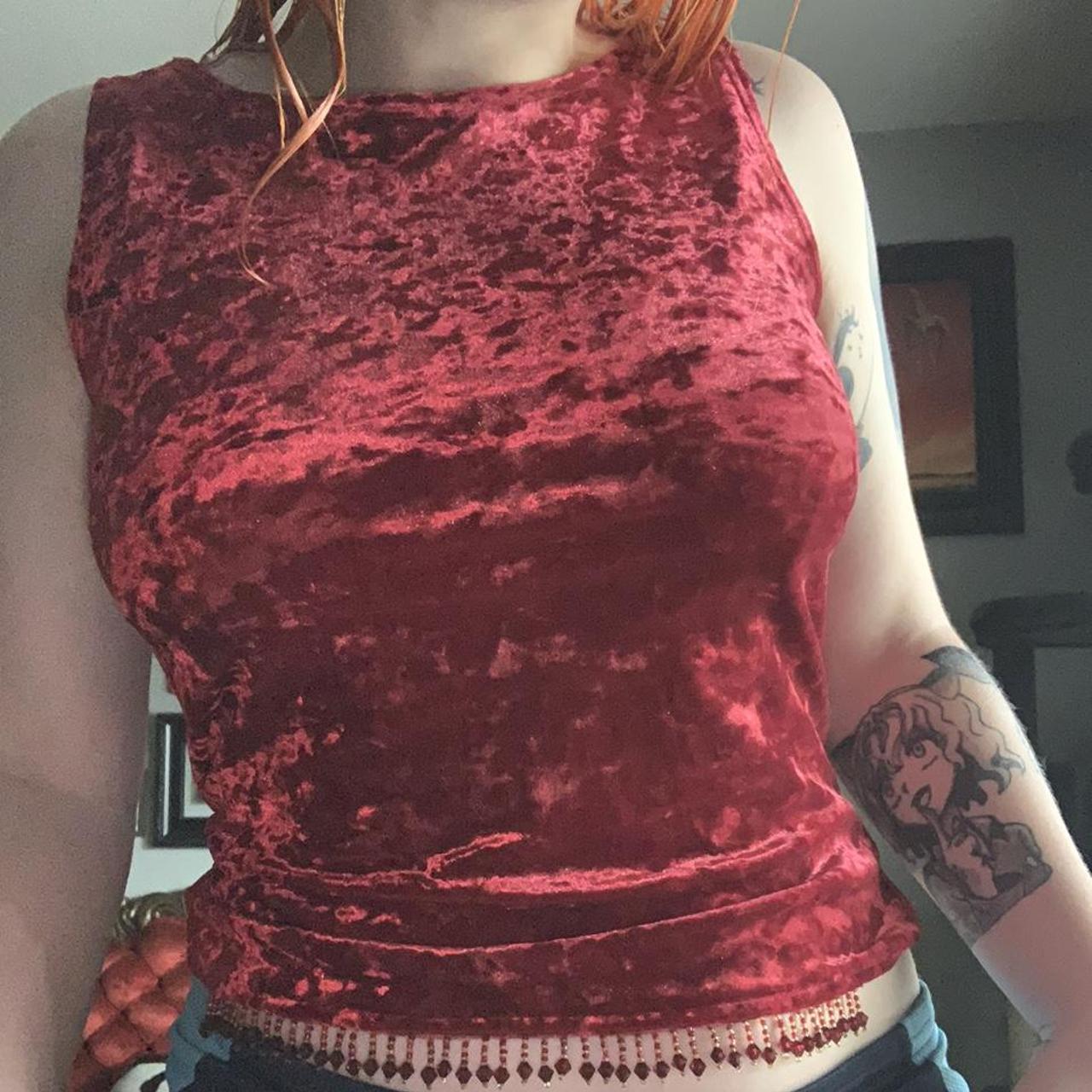 90s Vampy style red velvet, high neck tank top. Has... - Depop
