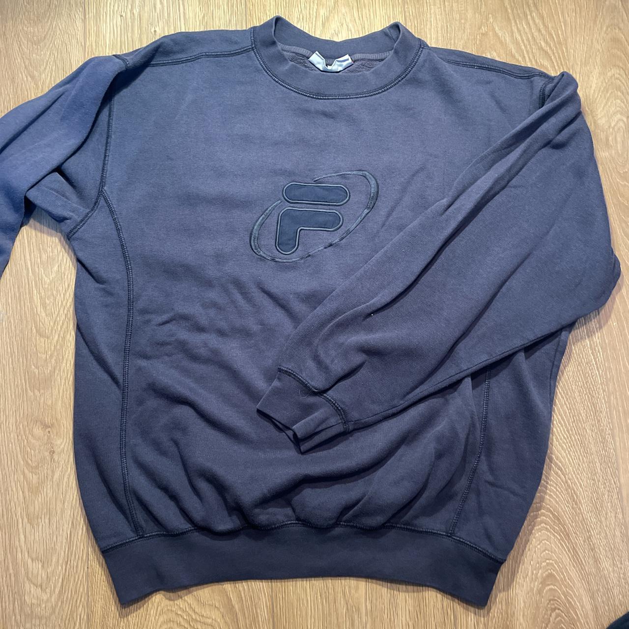 Vintage navy fila sweatshirt with suede centre... - Depop