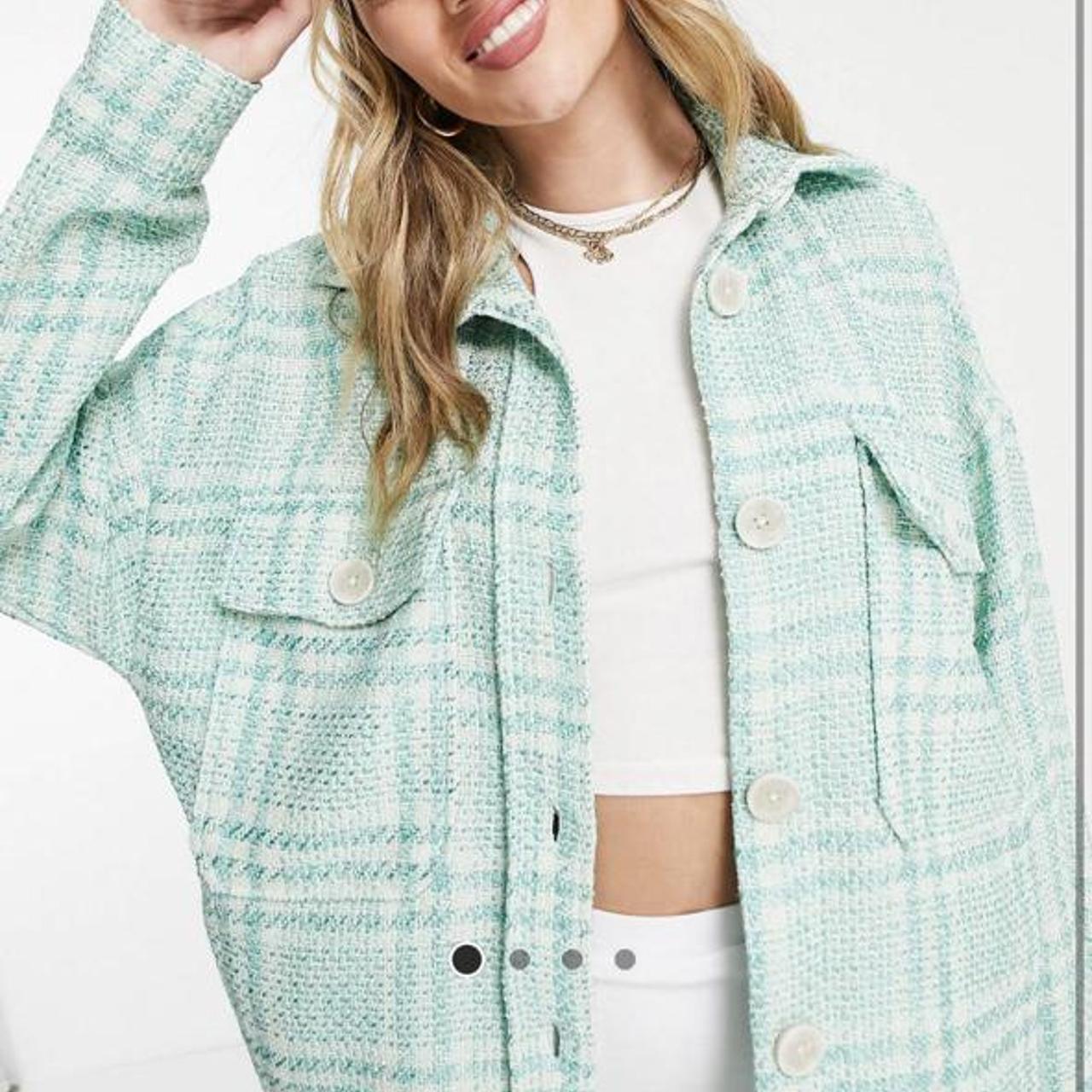 Stradivarius oversized tweed shacket in green check.... - Depop