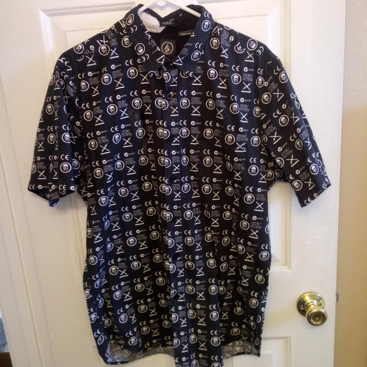 Men's Volcom battery warning label print button-up.... - Depop