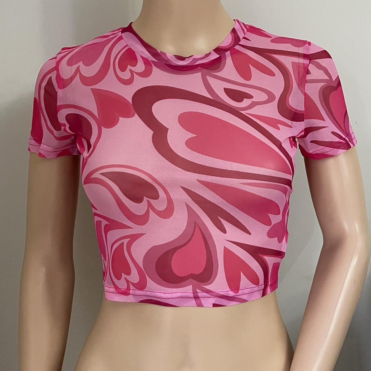 pink heart top mesh top sheer top see through top... - Depop
