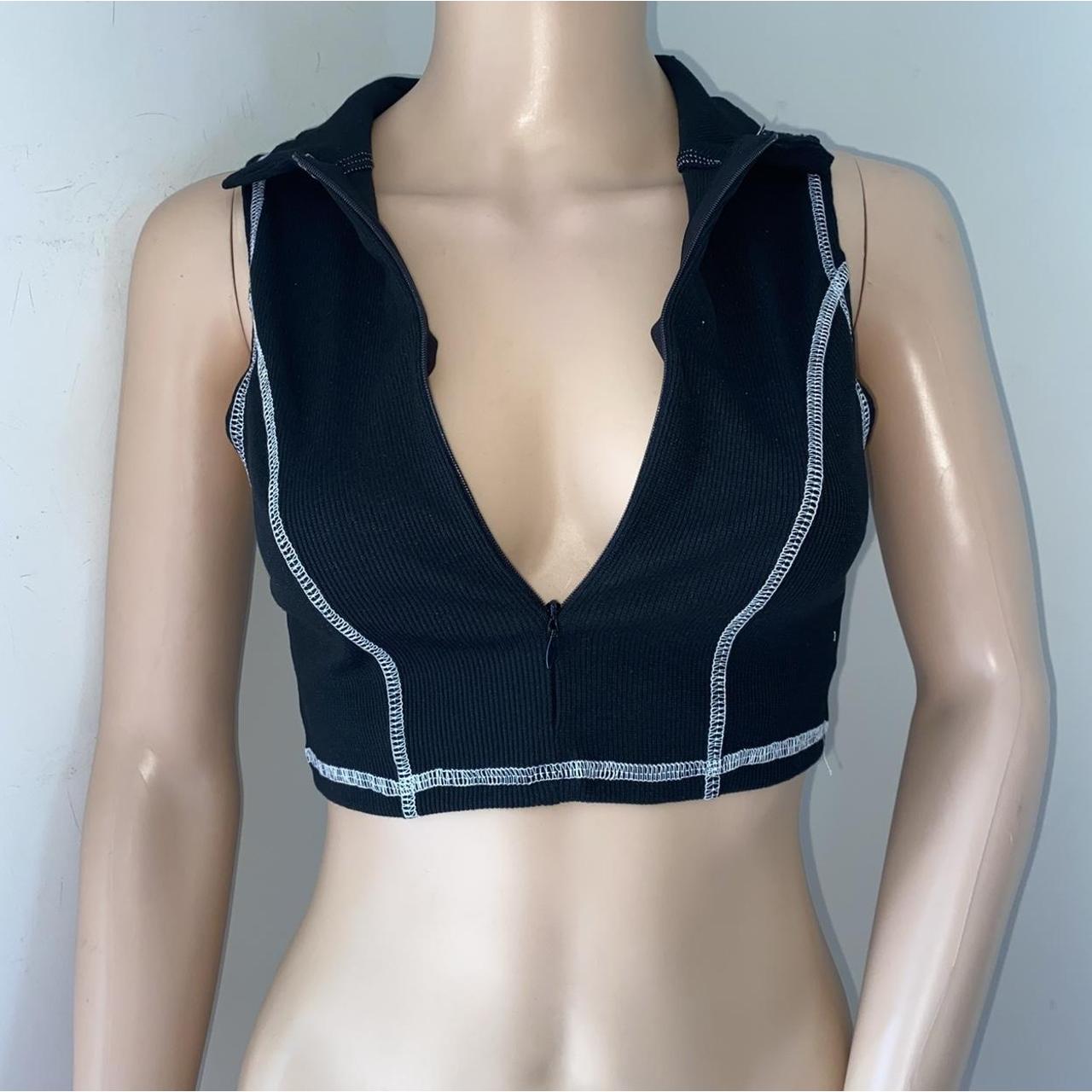Black collared top zip up top open front top crop... - Depop