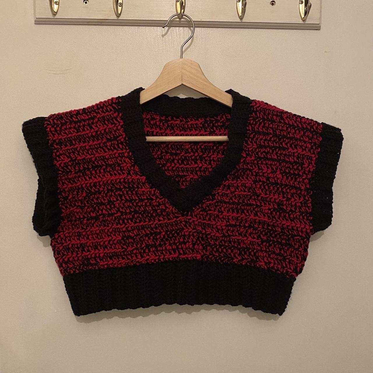 Handmade crochet red and black marble crop vest - Depop