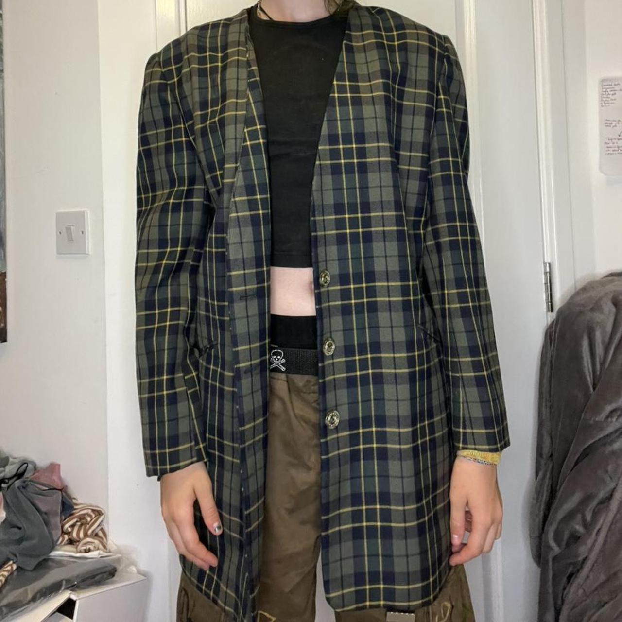 vintage green and yellow unisex checked jacket with... - Depop