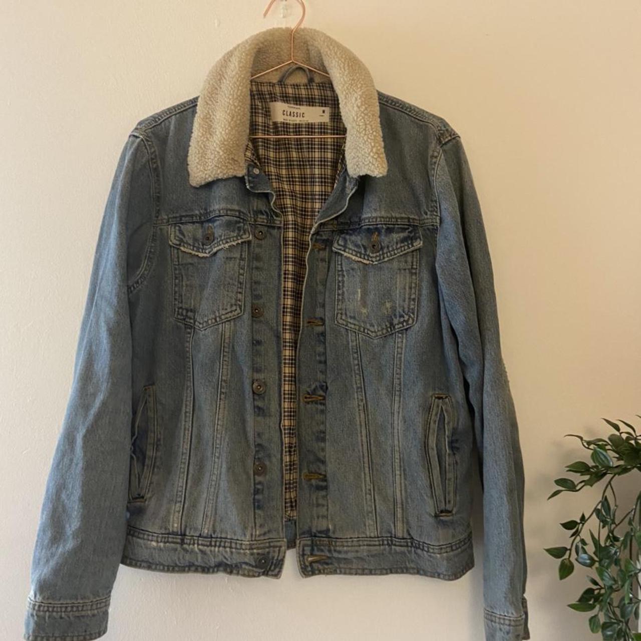 teddy denim jacket with checked lining super comfy... - Depop