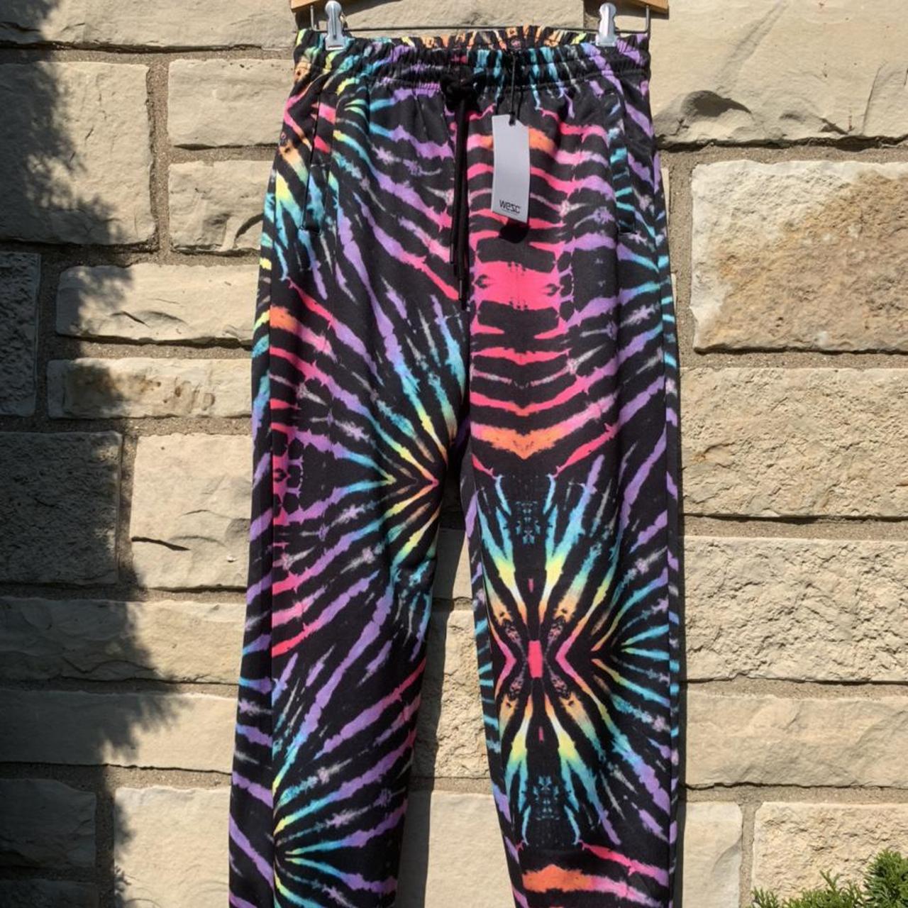 WESC Rainbow tie dye jogger pants Unisex... - Depop