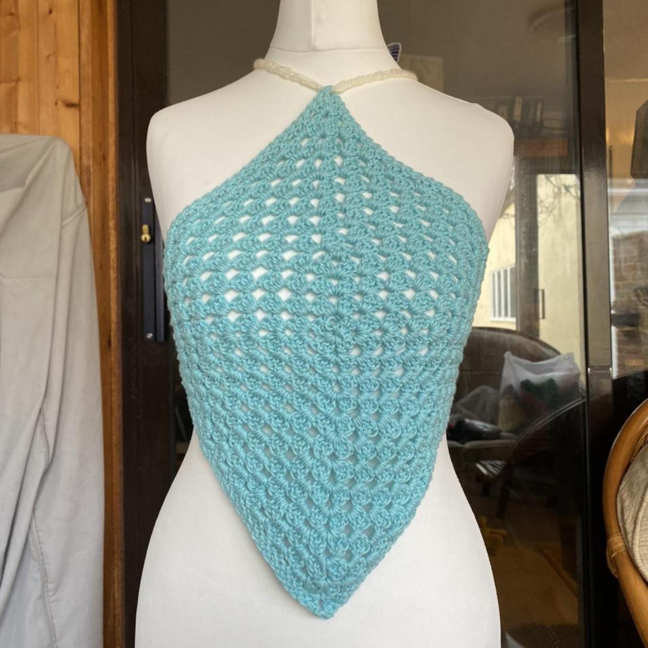Handmade light blue crochet handkerchief top with... - Depop
