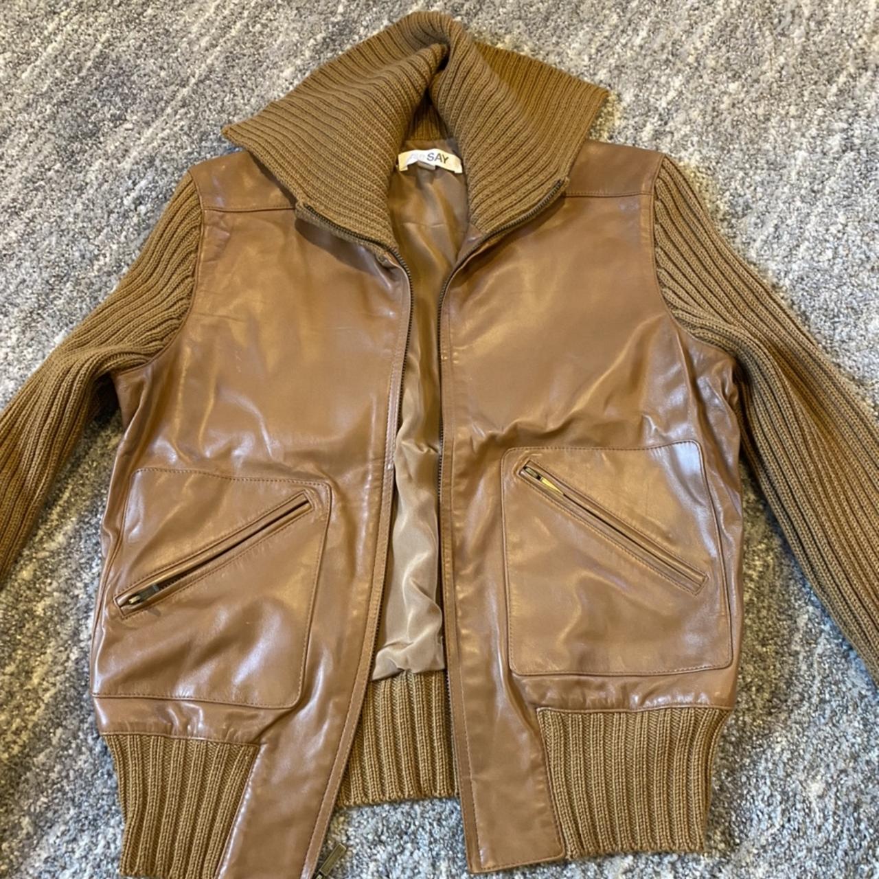 TseSAY leather jacket with wool sleeves and details - Depop