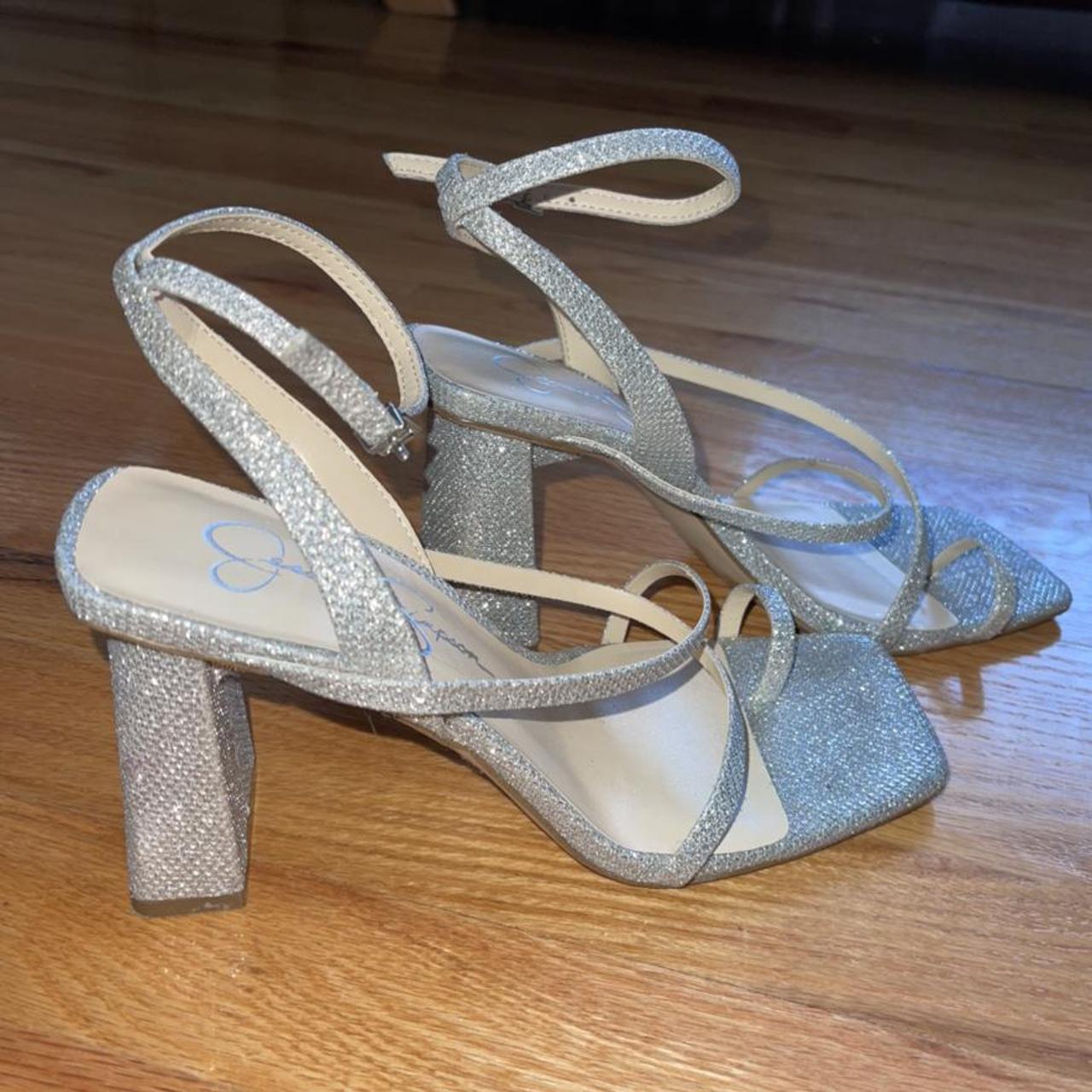 Silver sparkly square toe block heels from DSW.... - Depop