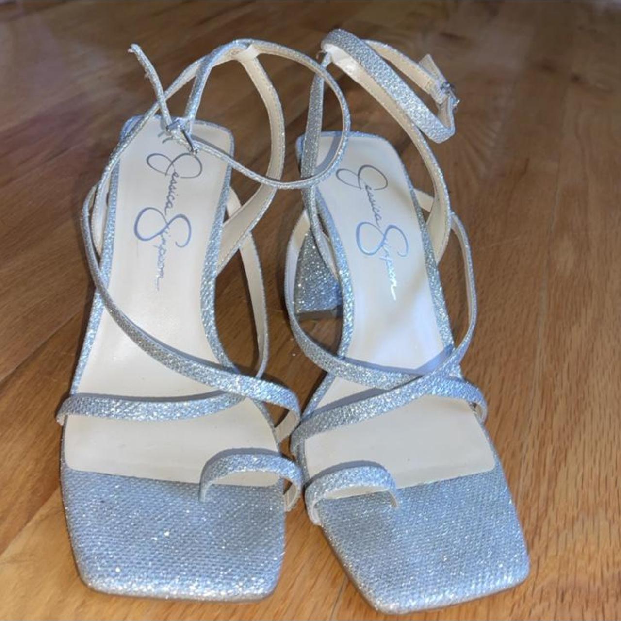 Silver sparkly square toe block heels from DSW.... - Depop