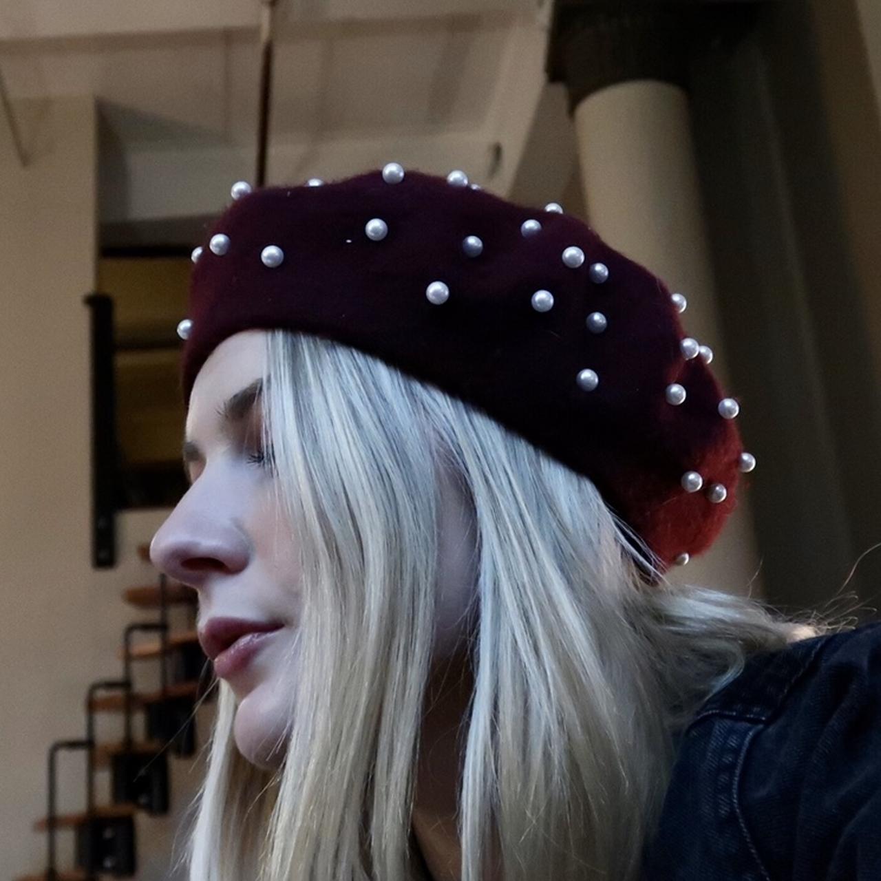 Maroon beret with pearl embellishments! Never worn... - Depop