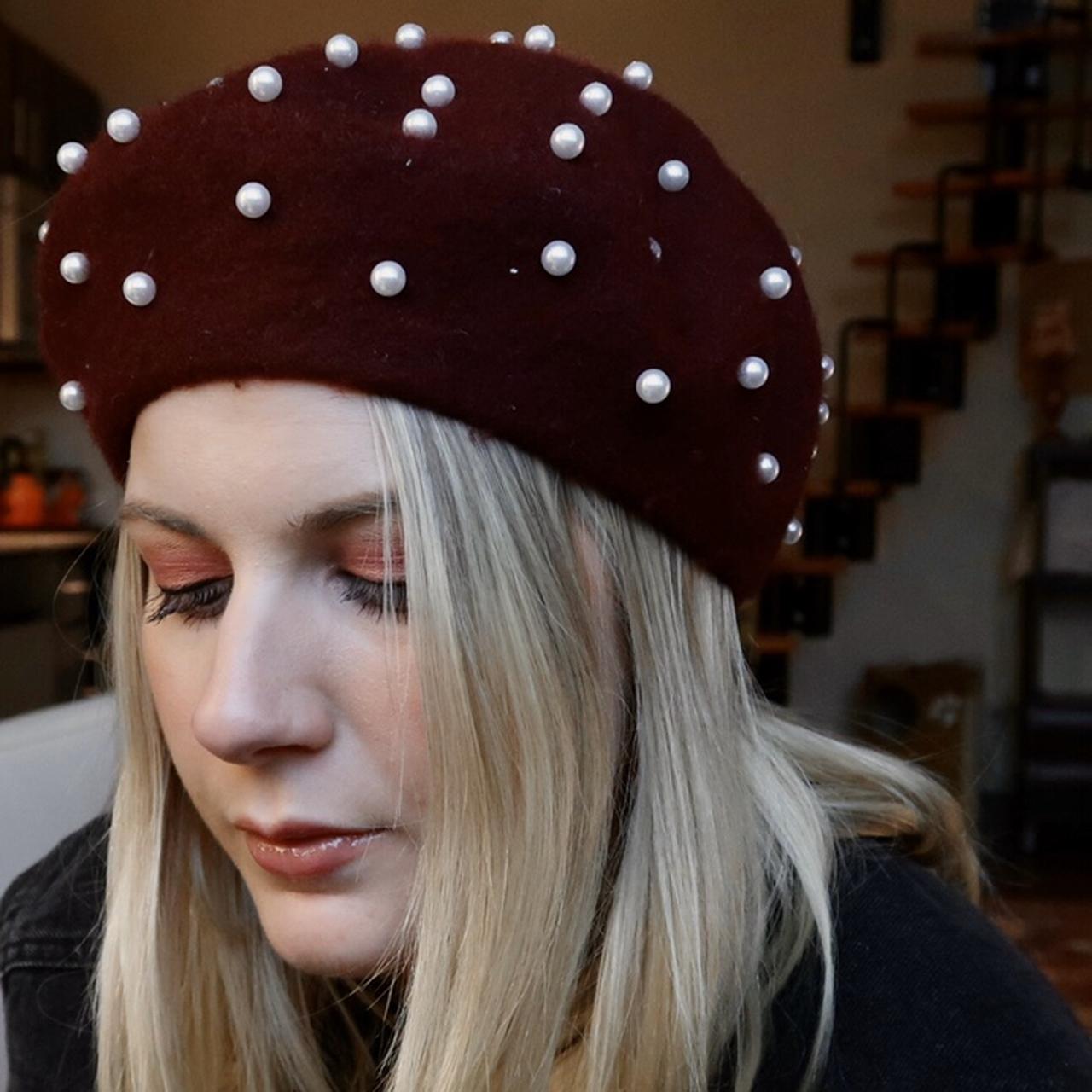 Maroon beret with pearl embellishments! Never worn... - Depop