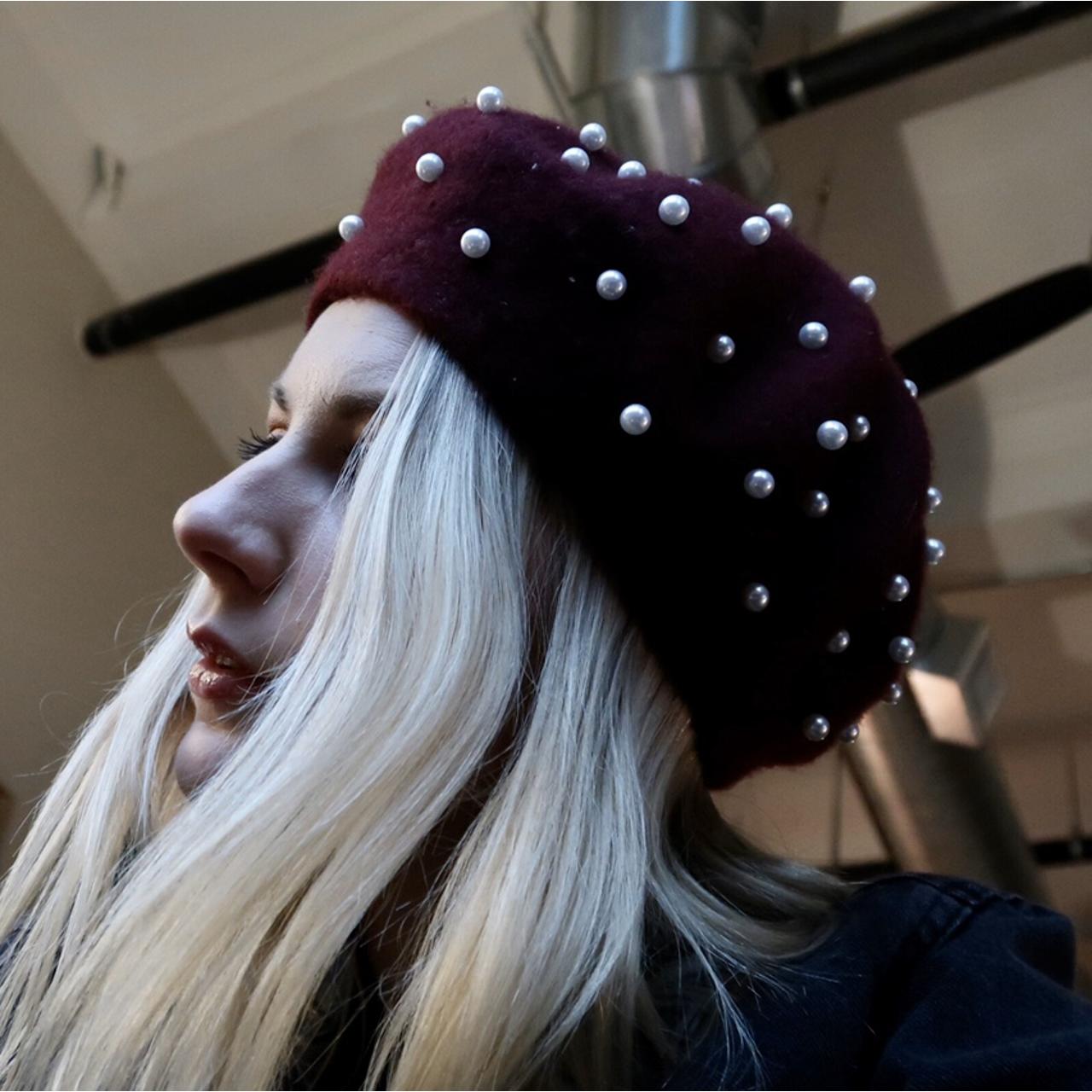 Maroon beret with pearl embellishments! Never worn... - Depop