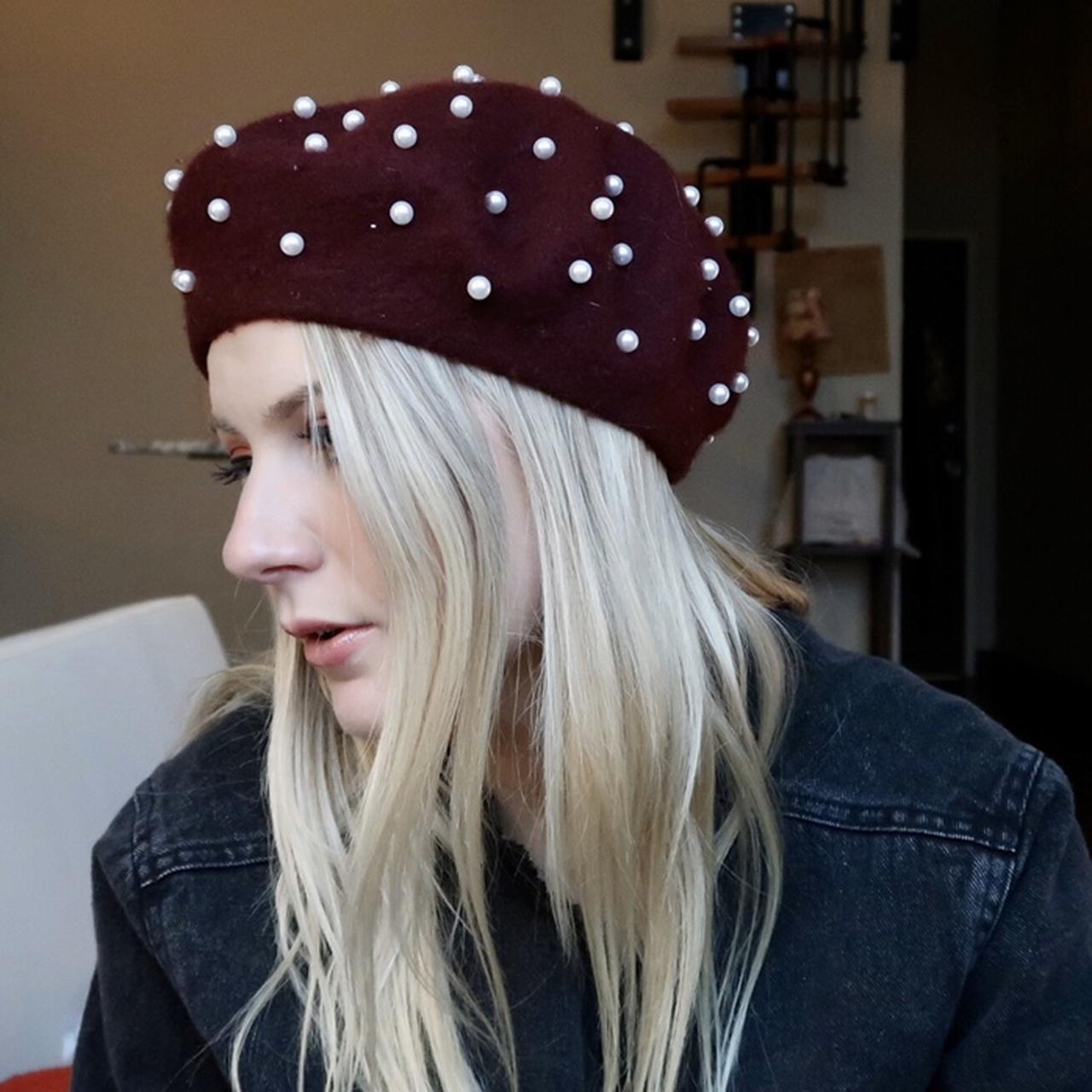 Maroon beret with pearl embellishments! Never worn... - Depop