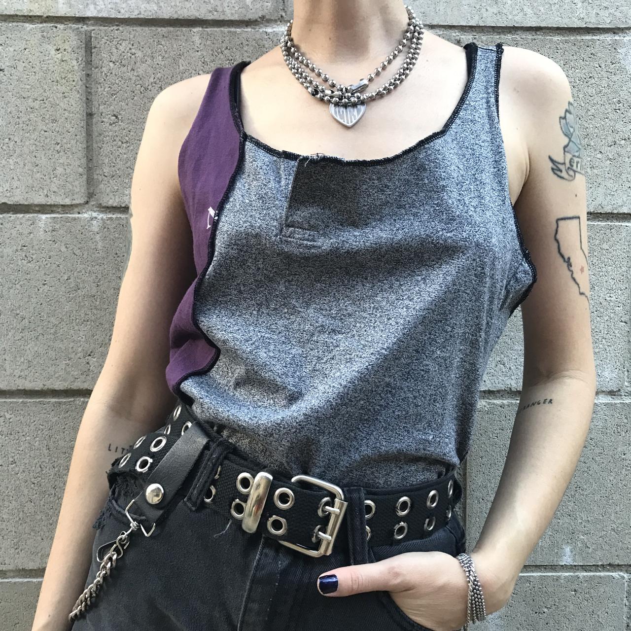 🌻 CUT UP TANK 🌻 purple and grey reconstructed tee... - Depop