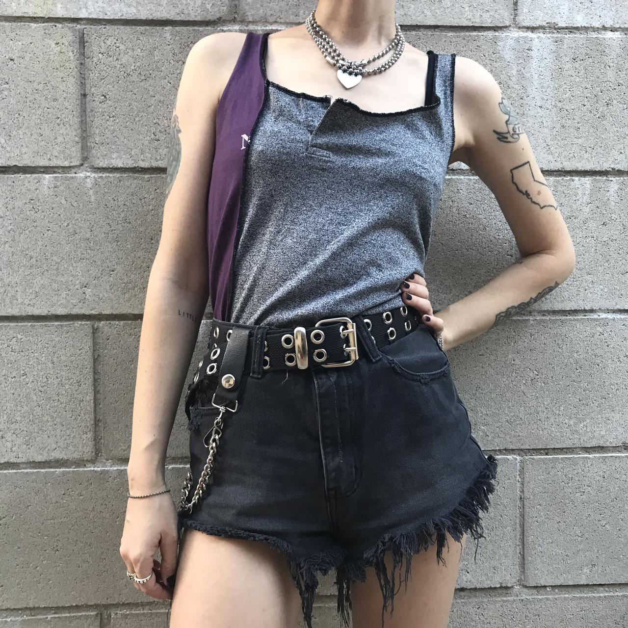 🌻 CUT UP TANK 🌻 purple and grey reconstructed tee... - Depop