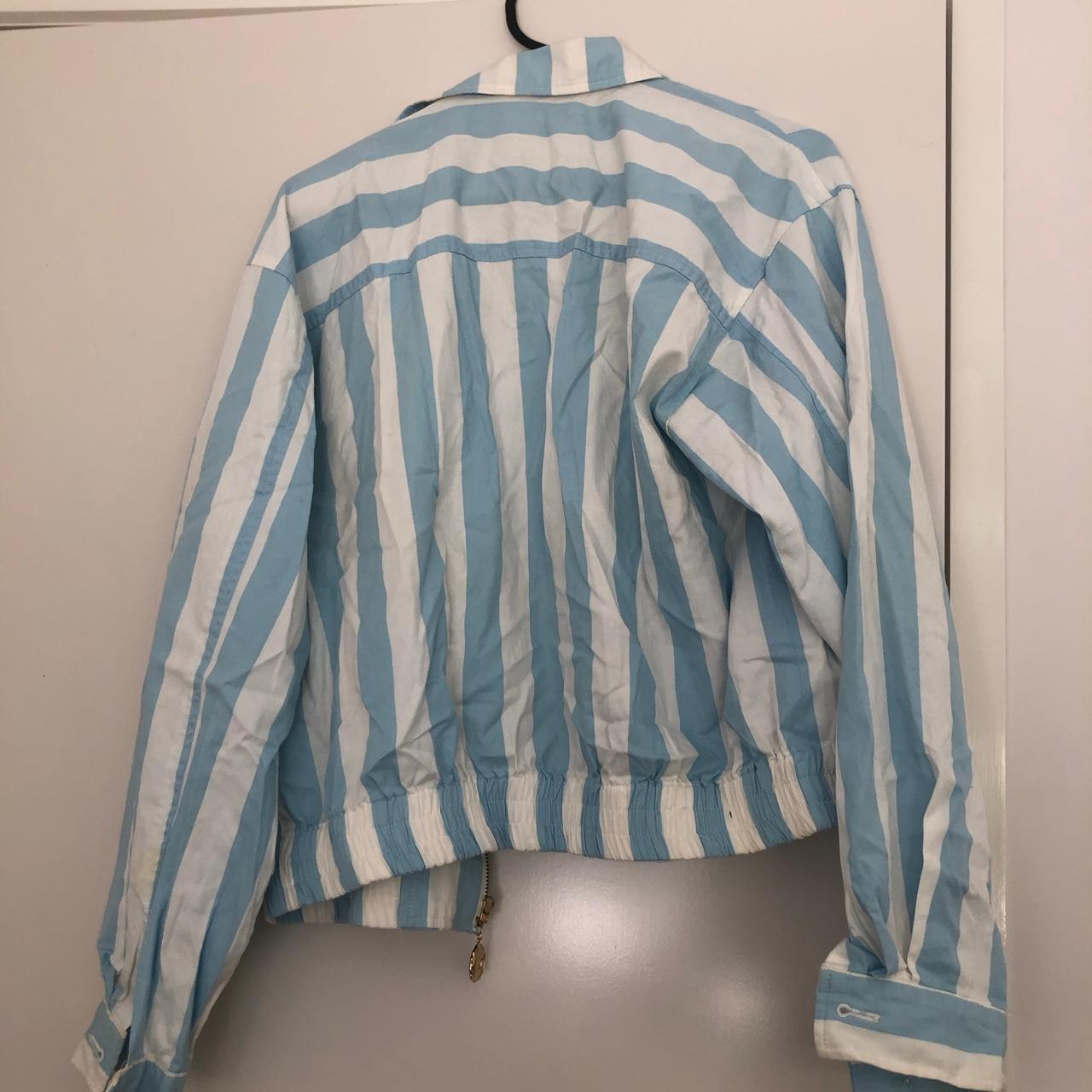Blue & White striped jacket with gold zipper... - Depop